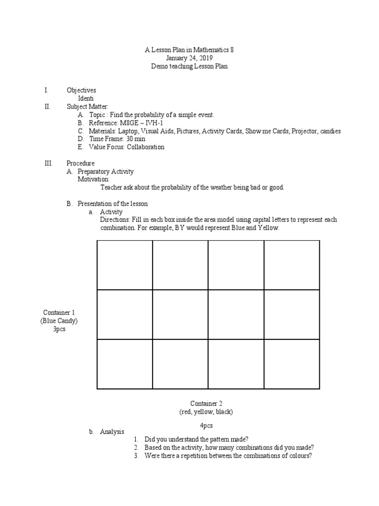 Probability Lesson Plan for Grade 8 | PDF | Probability | Probability ...