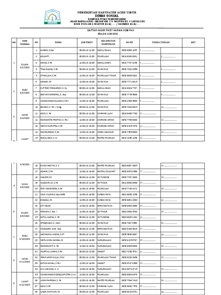 ABSENSI PIKET Juni - Desember SDM PKH Tahun 2020 | PDF