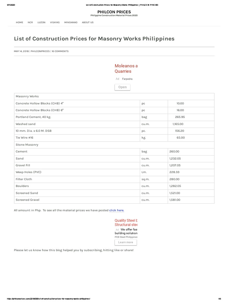 Masonry Prices in the Philippines 2020 | PDF | Masonry | Concrete