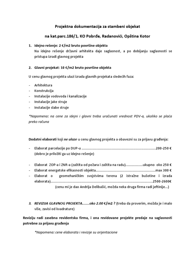 Projektna Dokumentacija Za Stambeni Objekat | PDF
