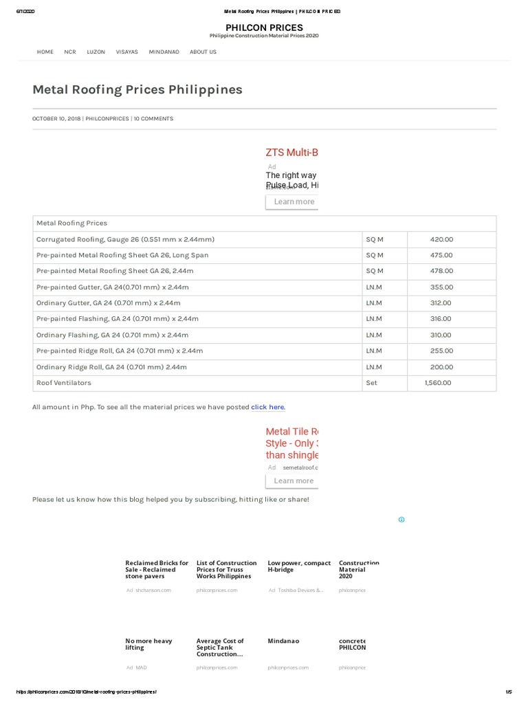 Metal Roofing Prices Philippines - PHILCON PRICES | PDF | Building ...