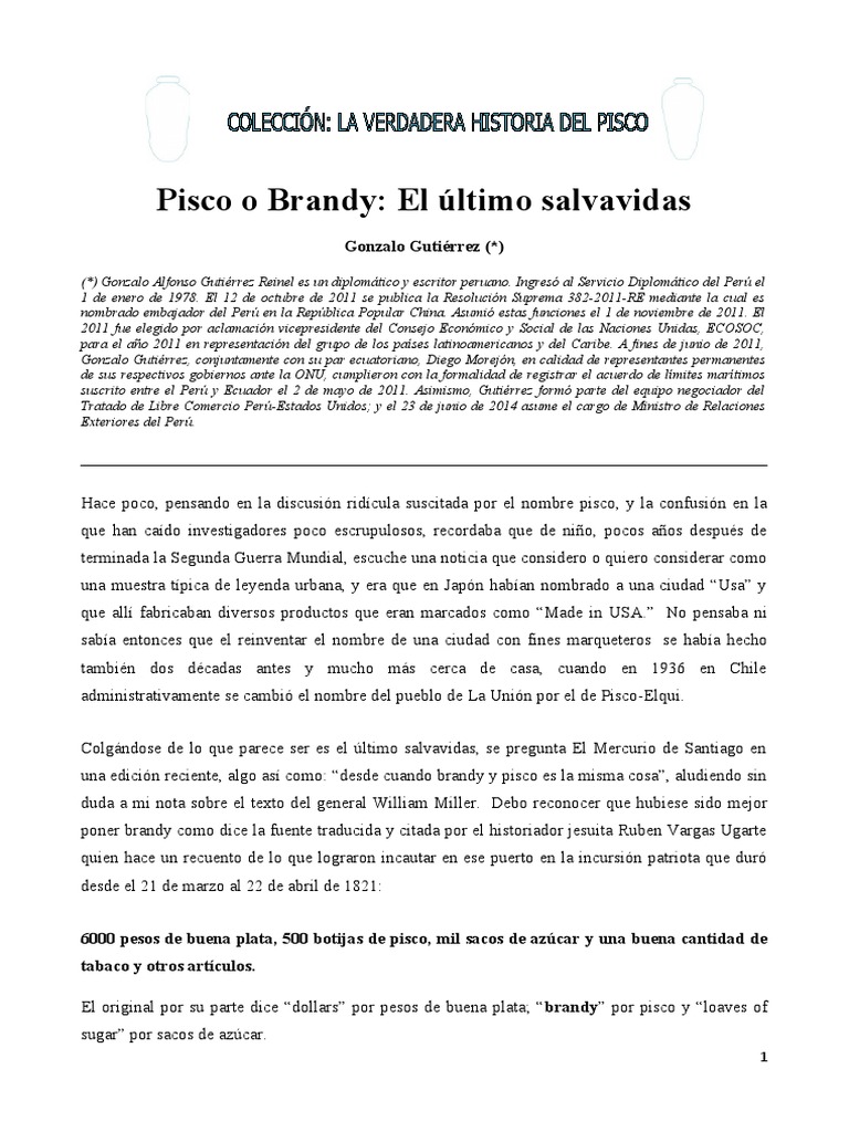 Gonzalo Gutiérrez Reinel - Pisco o Brandy, El Último Salvavidas (2017 ...