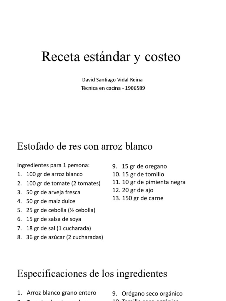 Receta Estándar y Costeo | PDF | Ingredientes de comida | Cultivos