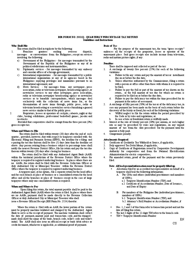 Bir Form No. 2551Q - Quarterly Percentage Tax Return Guidelines and ...