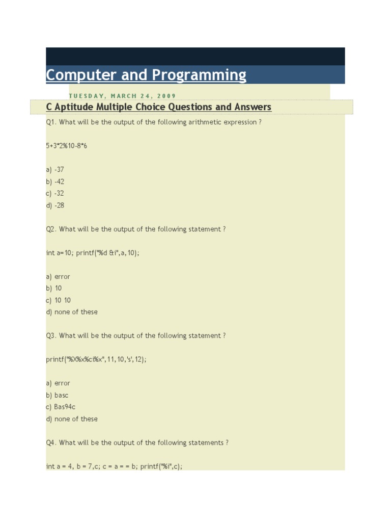 Computer And Programming C Aptitude Multiple Choice Questions And Answers Pdf Computer