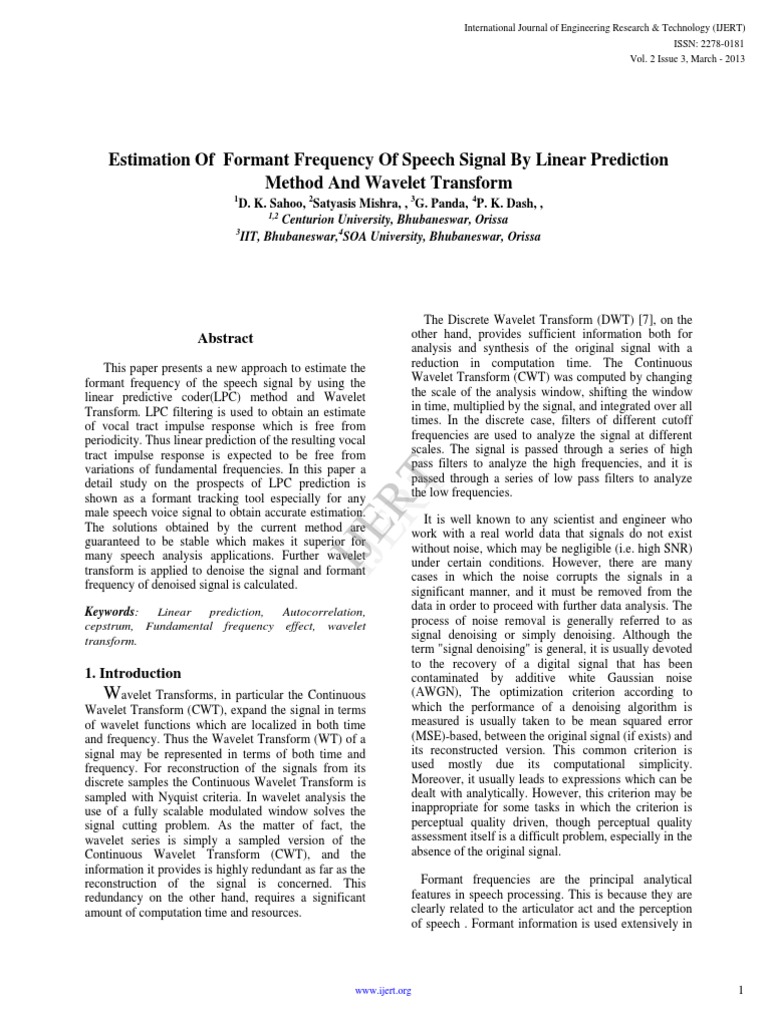 Estimation of Formant Frequency of Speech Signal by Linear Prediction Method and Wavelet ...