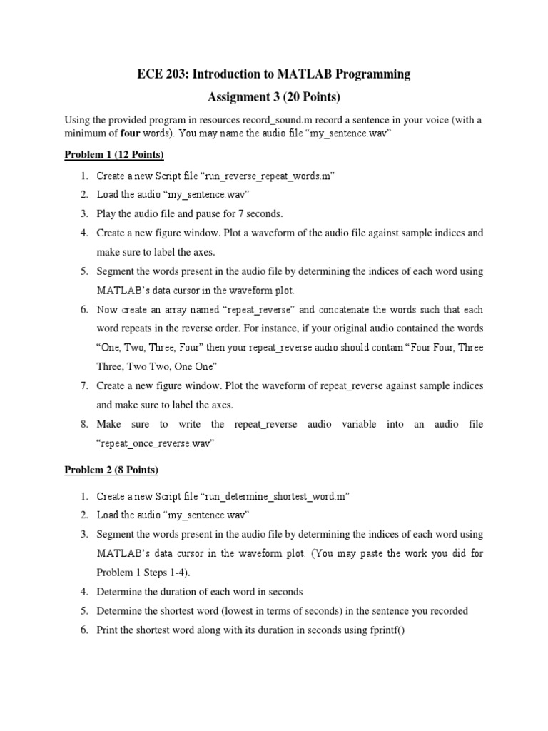 ECE 203: Introduction To MATLAB Programming Assignment 3 (20 Points) | PDF