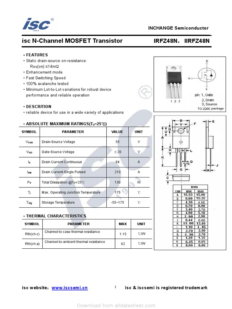 Isc N-Channel MOSFET Transistor: Irfz48N Iirfz48N | PDF | Field Effect ...
