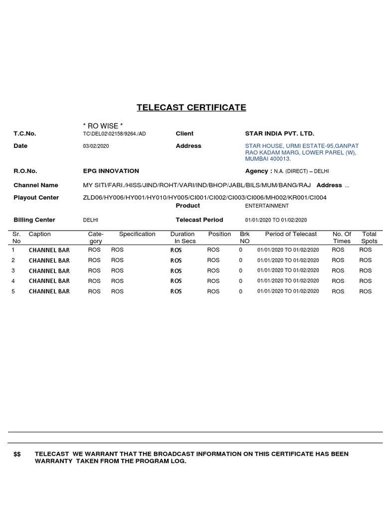 Telecast Certificate: Ro Wise | PDF