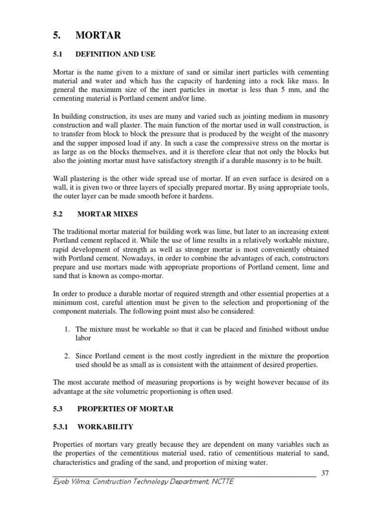 Mortar: 5.1 Definition AND USE | PDF | Mortar (Masonry) | Lime (Material)