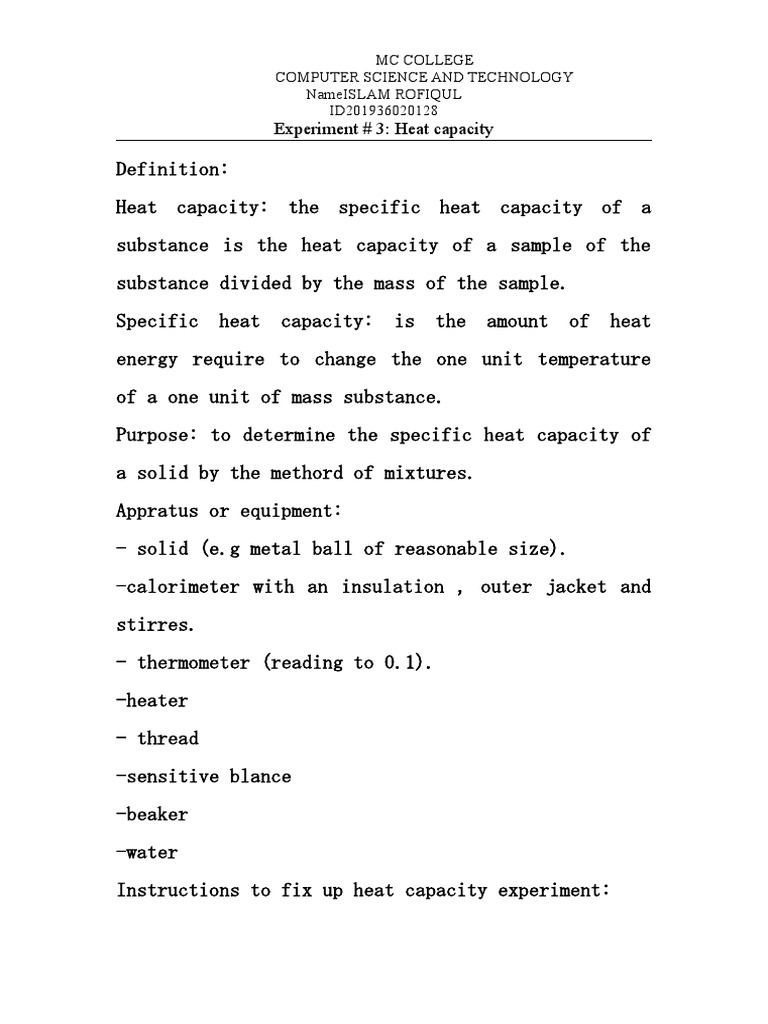 Experiment # 3: Heat Capacity: MC College Computer Science and ...