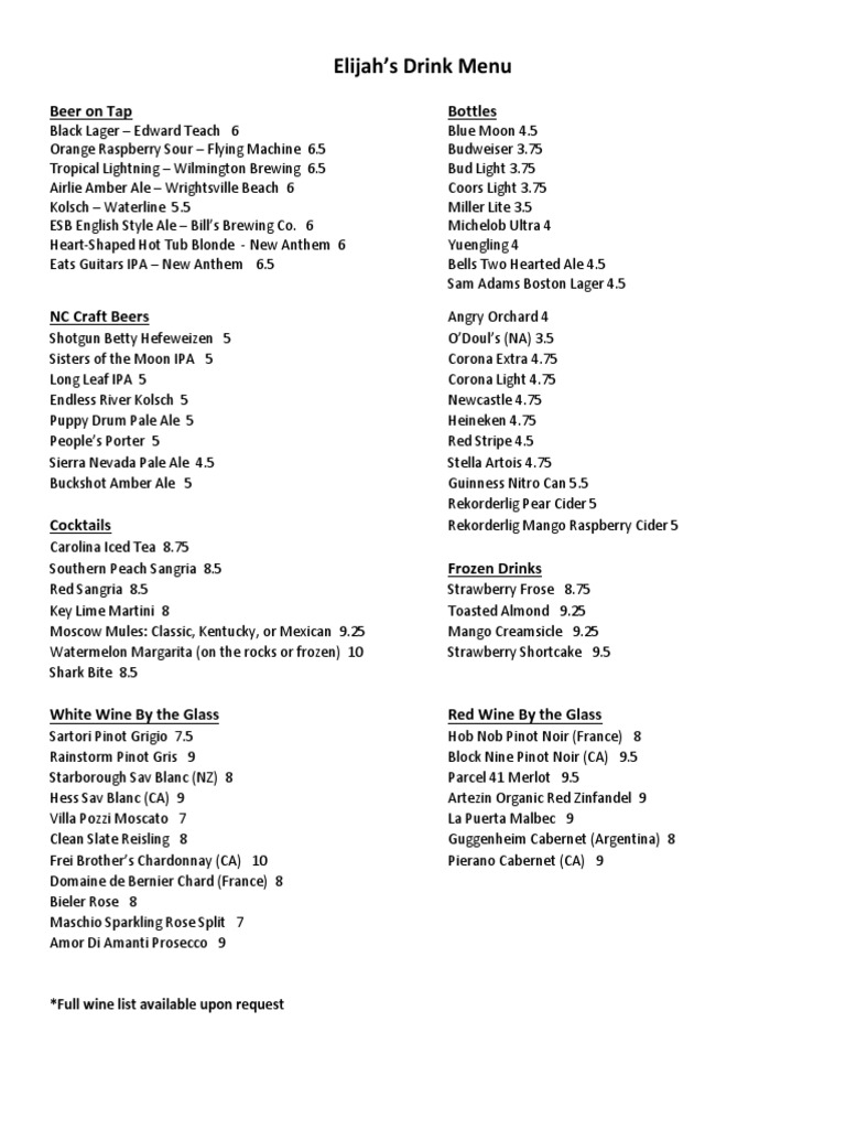 Elijah's Full Drink Menu | PDF | Anheuser Busch Brands | Brewing