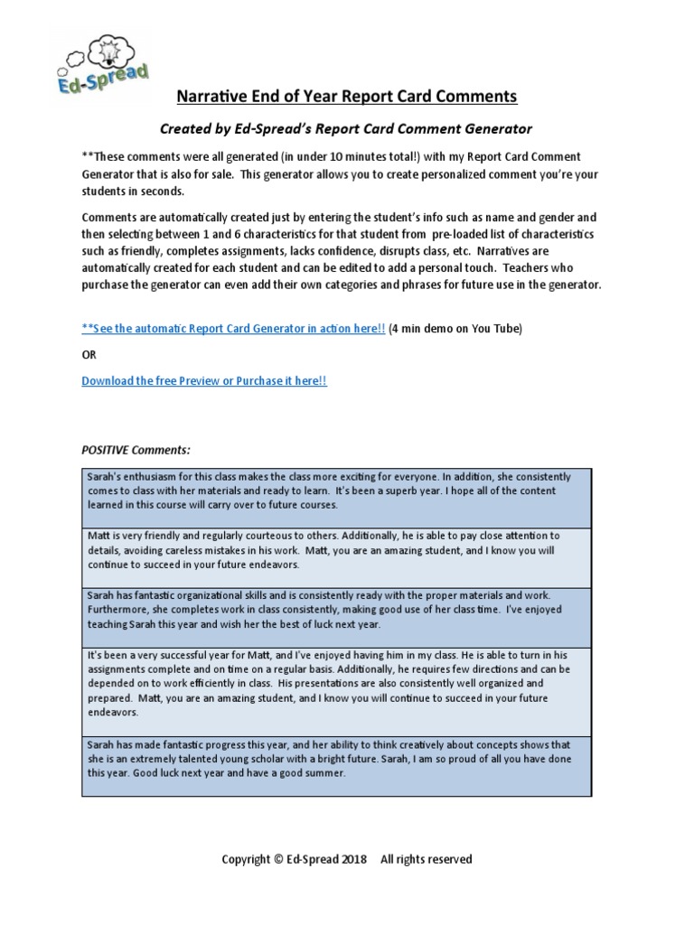 Narrative End of Year Report Card Comments: Created by Ed-Spread's ...