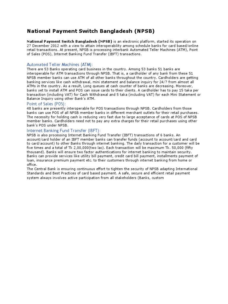 National Payment Switch Bangladesh (NPSB) : Automated Teller Machines ...