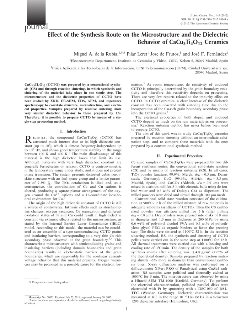 Effect of The Synthesis Route On The Microstructure and The Dielectric Behavior of Cacu3ti4o12 ...