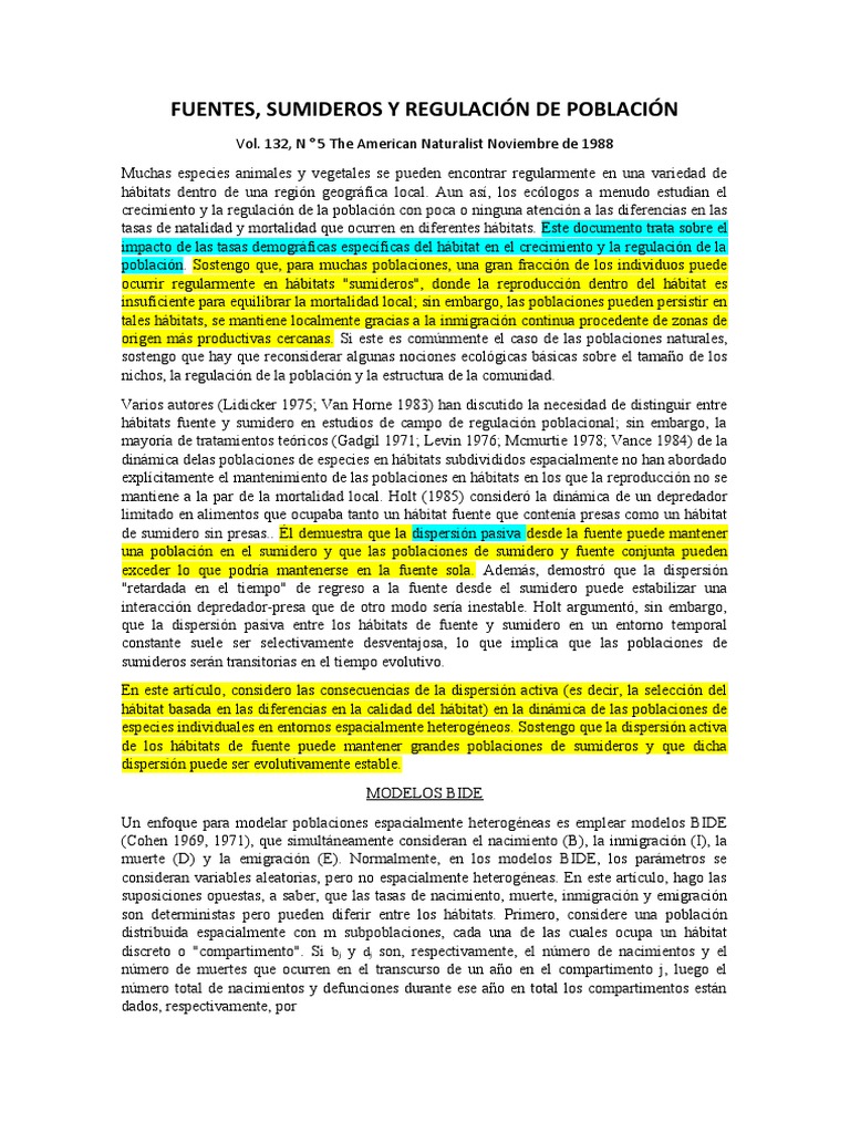 Fuentes, Sumideros y Regulación de Población Completo | PDF | Nicho ...