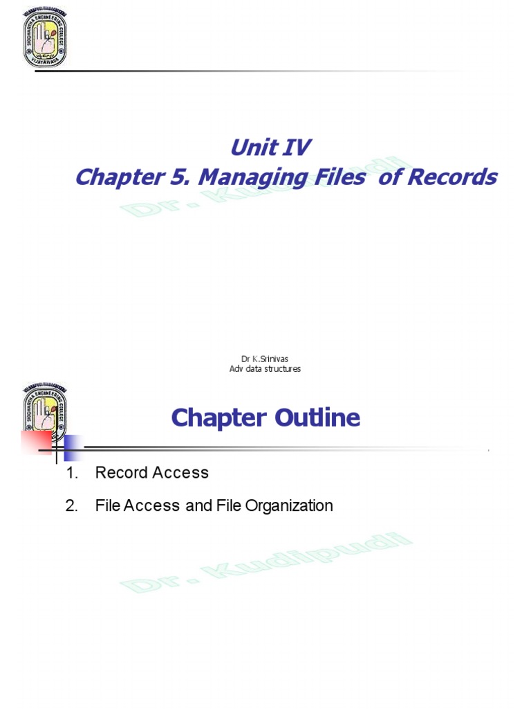 Unit IV Chapter 5. Managing Files of Records: DR K.Srinivas Adv Data ...