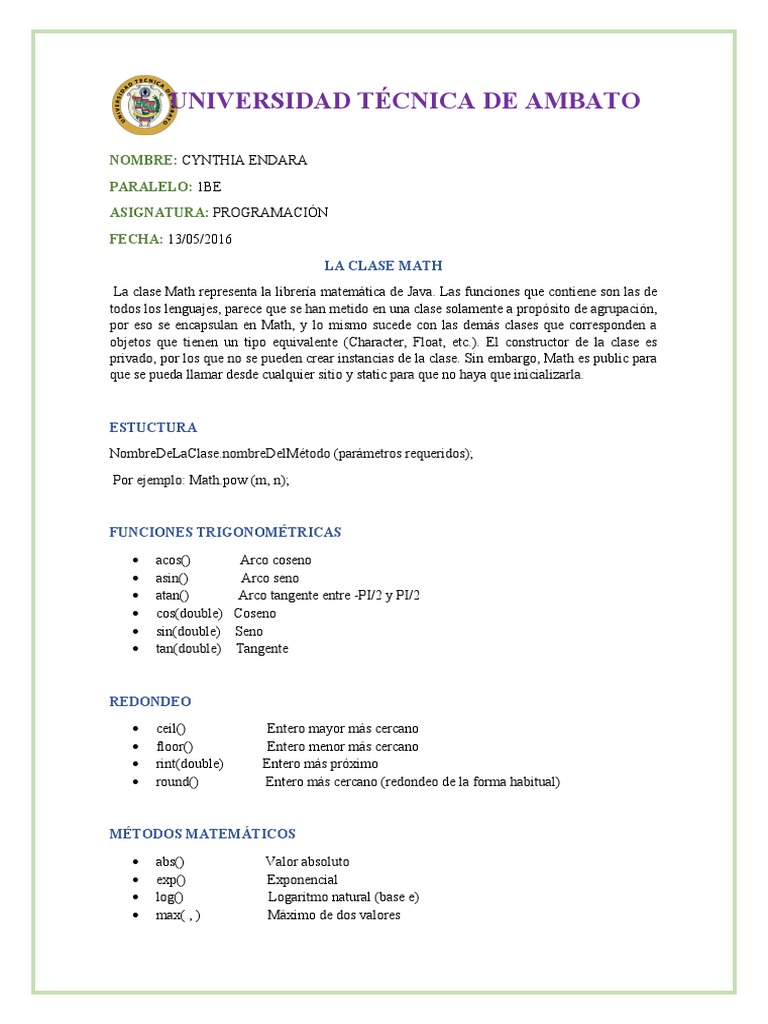 Funciones de la Clase Math en Java | PDF