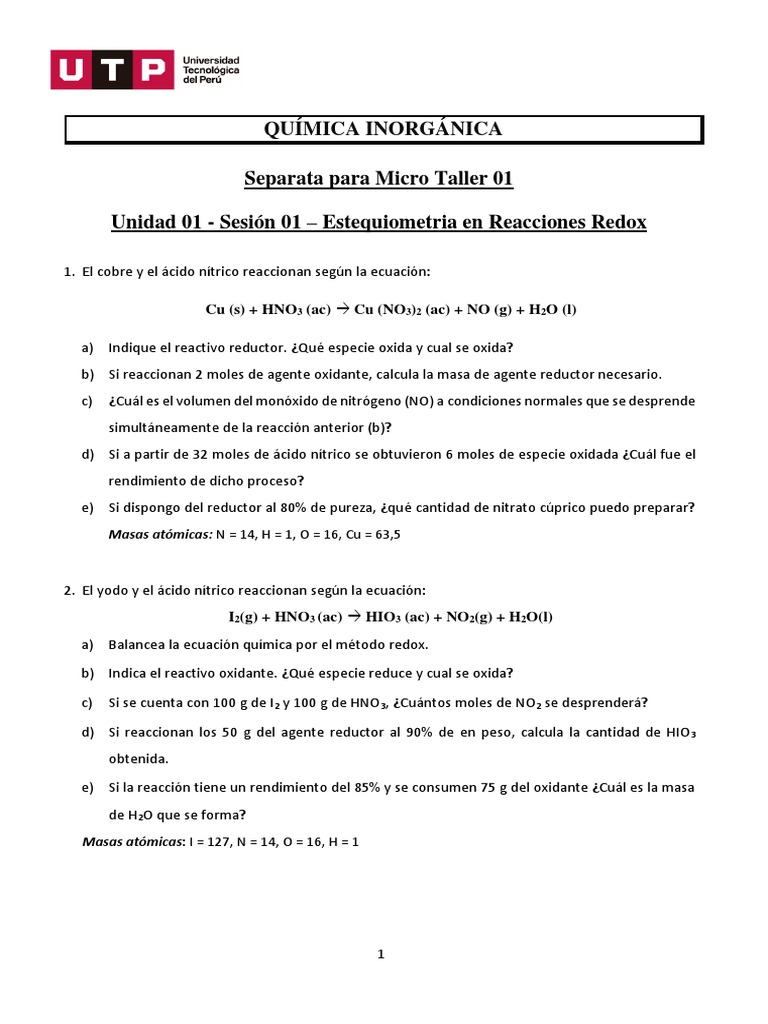 S01.s1 - Problemas Micro Taller 01 REDOX PDF | PDF | Redox | Reacciones químicas
