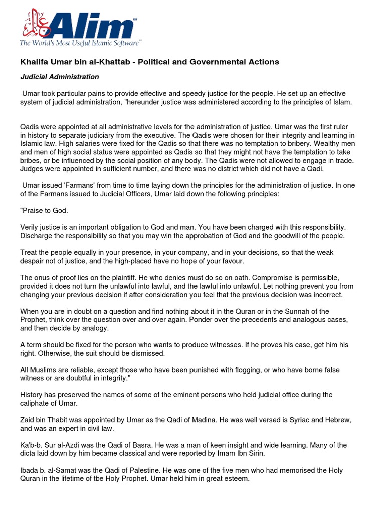 Khalifa Umar Bin Al-Khattab - Political and Governmental Actions | PDF ...