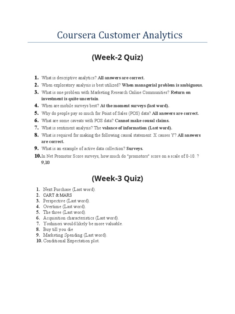Insights Into Customer Analytics Concepts Gained From Coursera Quizzes | PDF