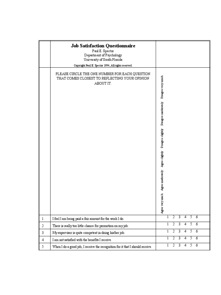 Job Satisfaction Questionnaire | PDF | Job Satisfaction | Industrial ...