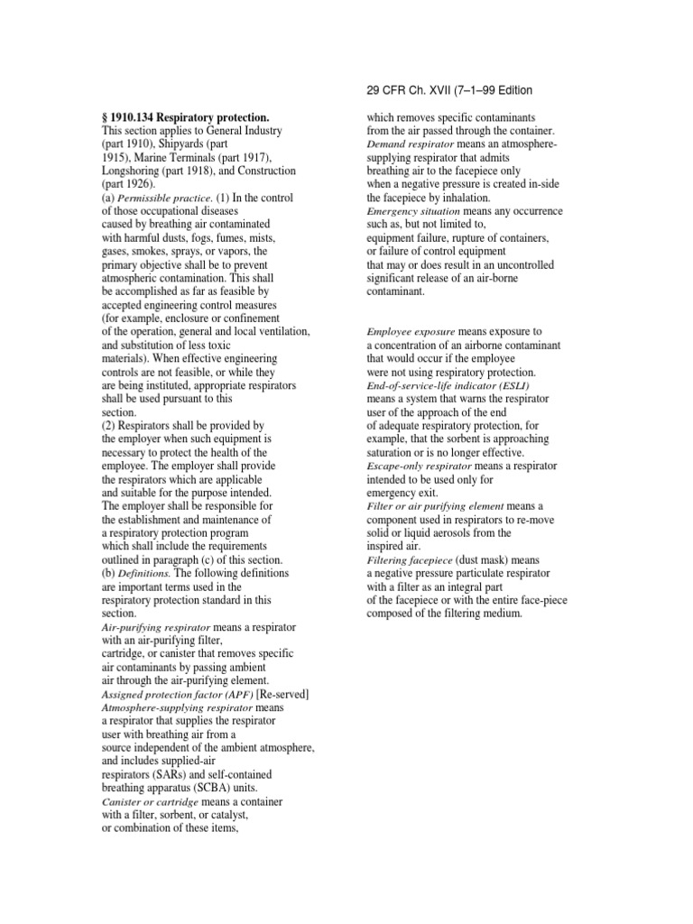 1910.134 Respiratory Protection | PDF | Safety | Gases
