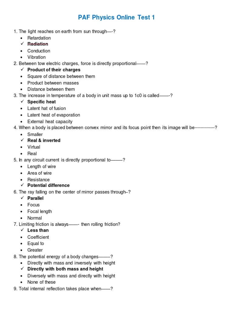 PAF Physics Online Test 1-6-1 | PDF | Force | Waves