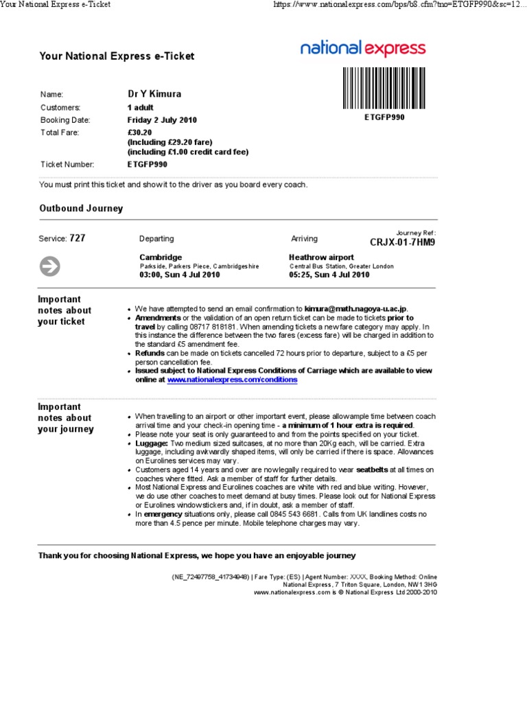 Your National Express E-Ticket | PDF | Fare | Ticket (Admission)