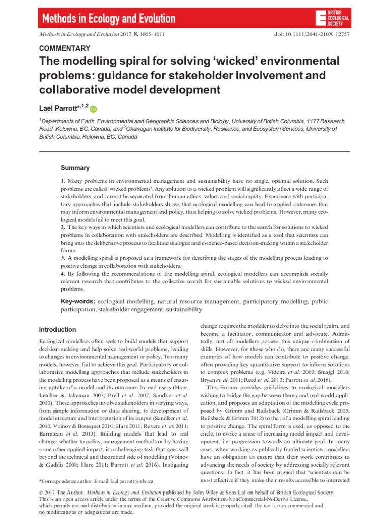 The Modelling Spiral For Solving Wicked' Environmental Problems ...