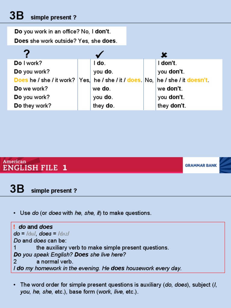 I Do. I Don't. You Do. You Don't. He / She / It Work? Yes, He / She ...