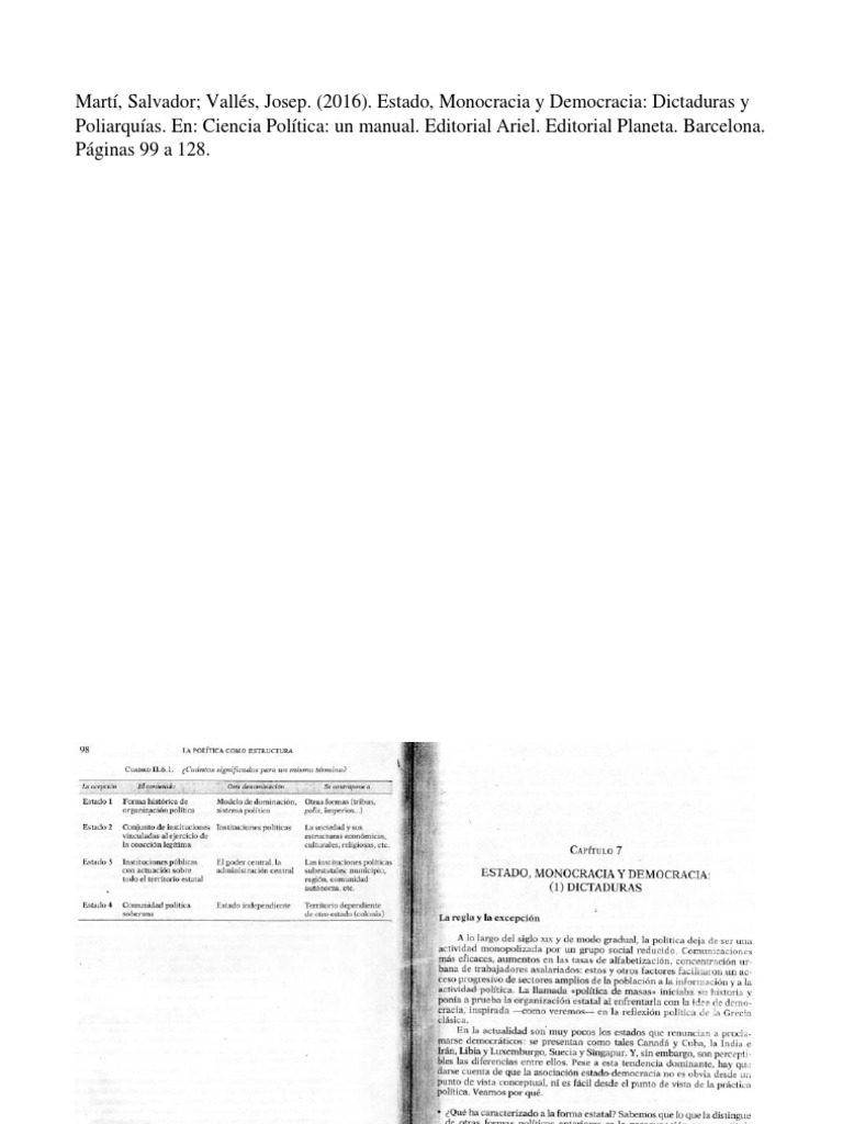 Lectura Marti y Valles Estado, Monocracia y Democracia Dictaduras ...