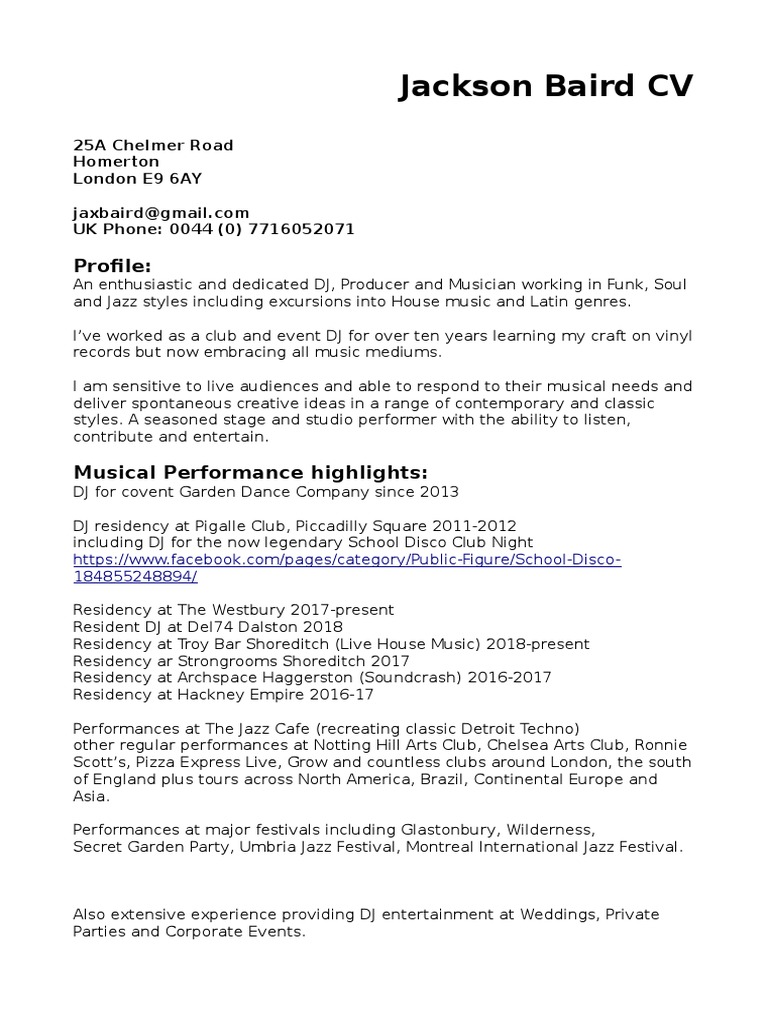 Jackson Baird CV: Profile | PDF | Music Technology | Jazz