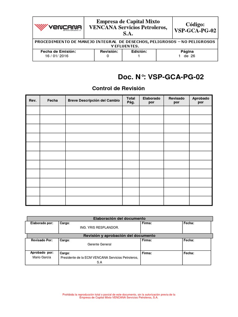 Plan de Manejo de Desechos VENCANA | PDF | Residuos | Gestión de residuos