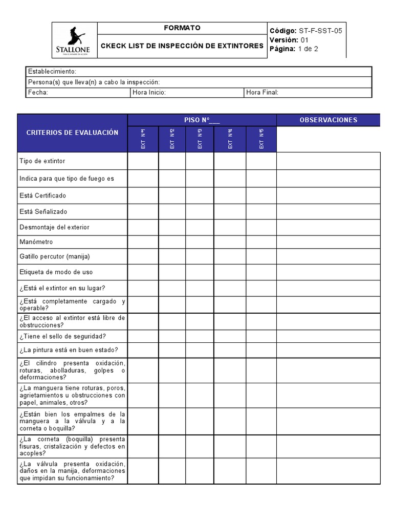 ST-F-SST-05 Check List de Inspeccion de Extintores | PDF | Naturaleza