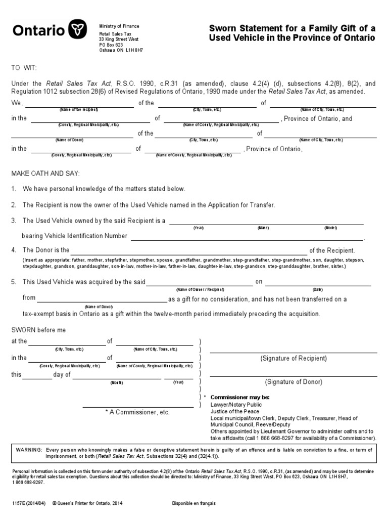 Sworn Statement For A Family Gift of A Used Vehicle in The Province of ...