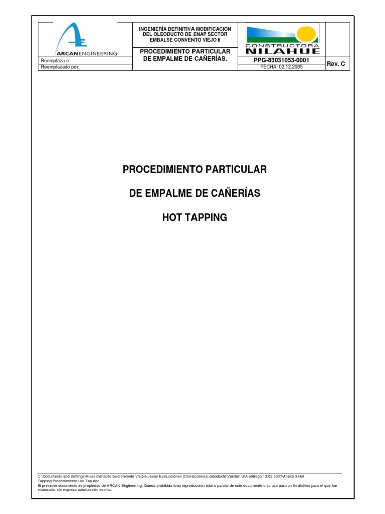 Anexo 3 Procedimiento Empalme Hot Tapping PDF | PDF | Tubería (transporte de fluidos) | Science
