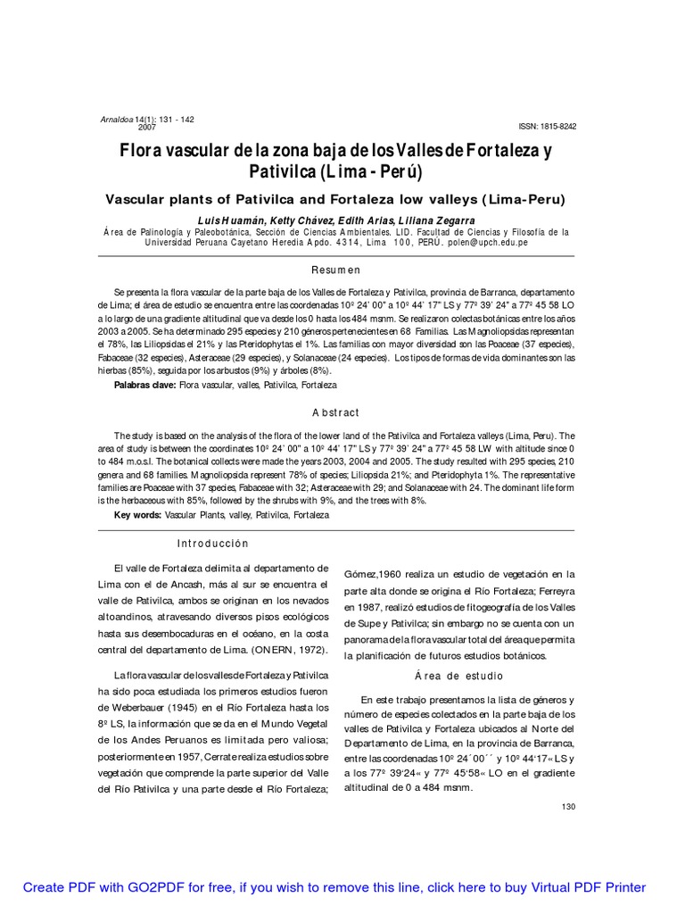 Huamán Et Al. 2007 - Flora Vascular Pativilca PDF | PDF | Perú | Plantas