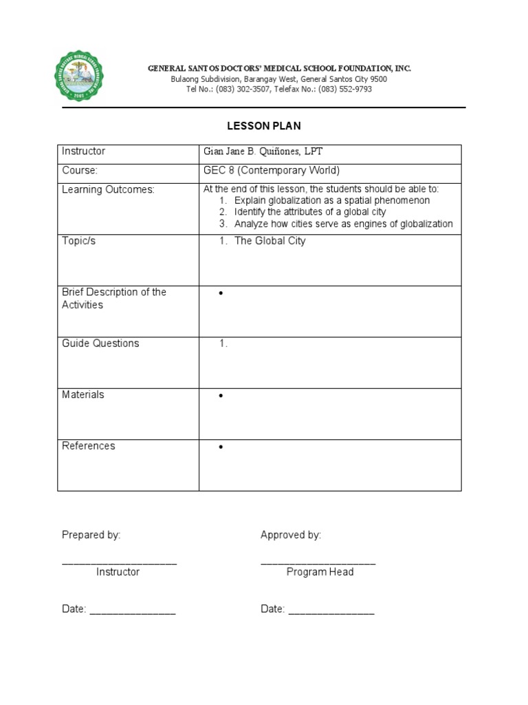 Lesson Plan: General Santos Doctors' Medical School Foundation, Inc | PDF