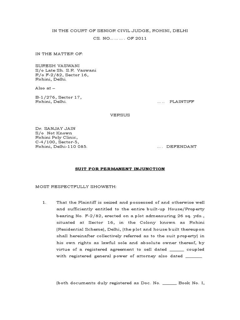 Suresh Vaswani vs. Dr. Sanjay Jain: Injunction Suit | PDF | Leasehold Estate | Lawsuit