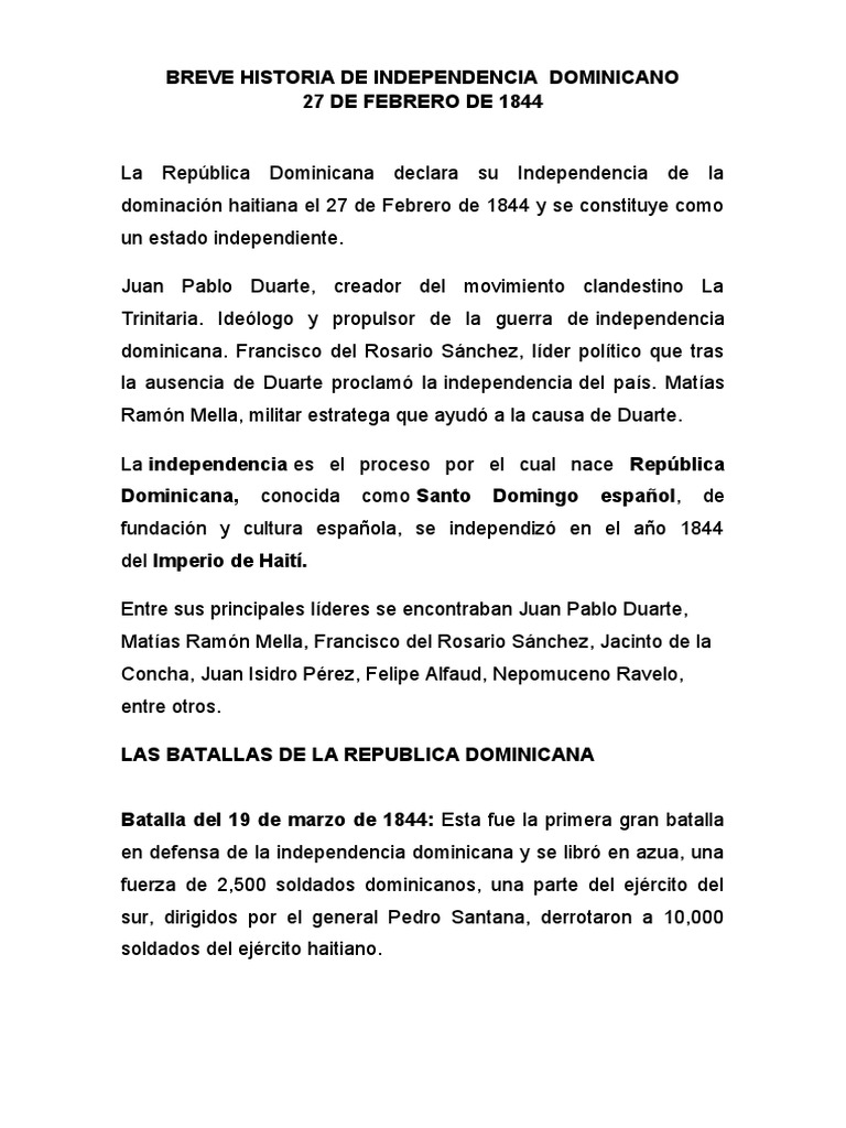 Breve Historia de Independencia Dominicana | PDF | República Dominicana ...
