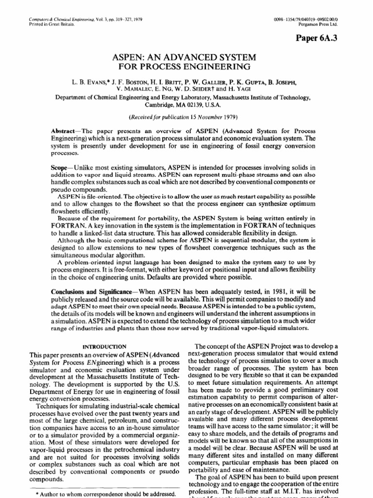 ASPEN An Advanced System For Process Engineering 1979 Computers and ...