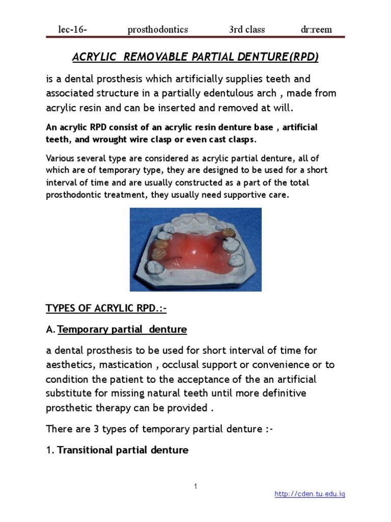 Acrylic Removable Partial Denture (RPD) | PDF | Dentures | Dentistry