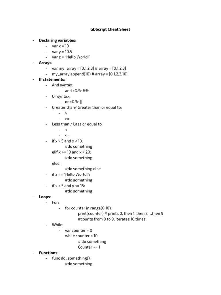Gdscript Cheat Sheet - Declaring Variables | PDF