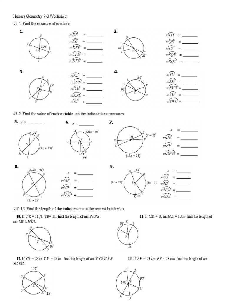 Honors Geometry Arc Length Worksheet | PDF