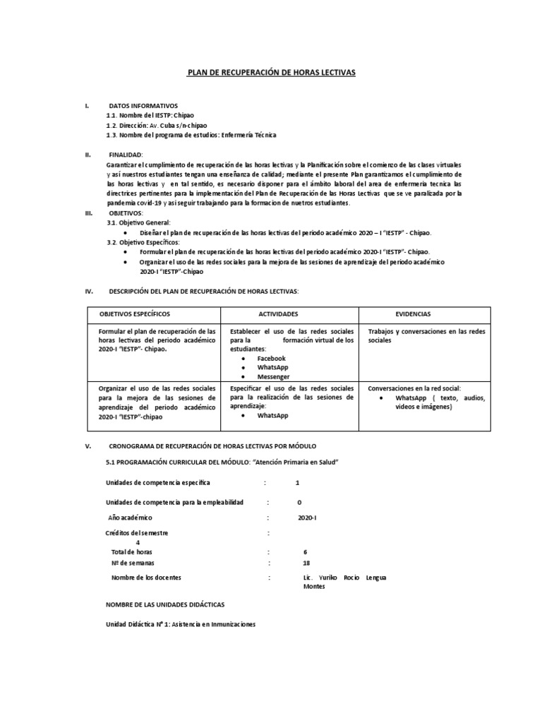 Lic Yurico Esquema Plan de Recuperaci | PDF | Modificación de ...