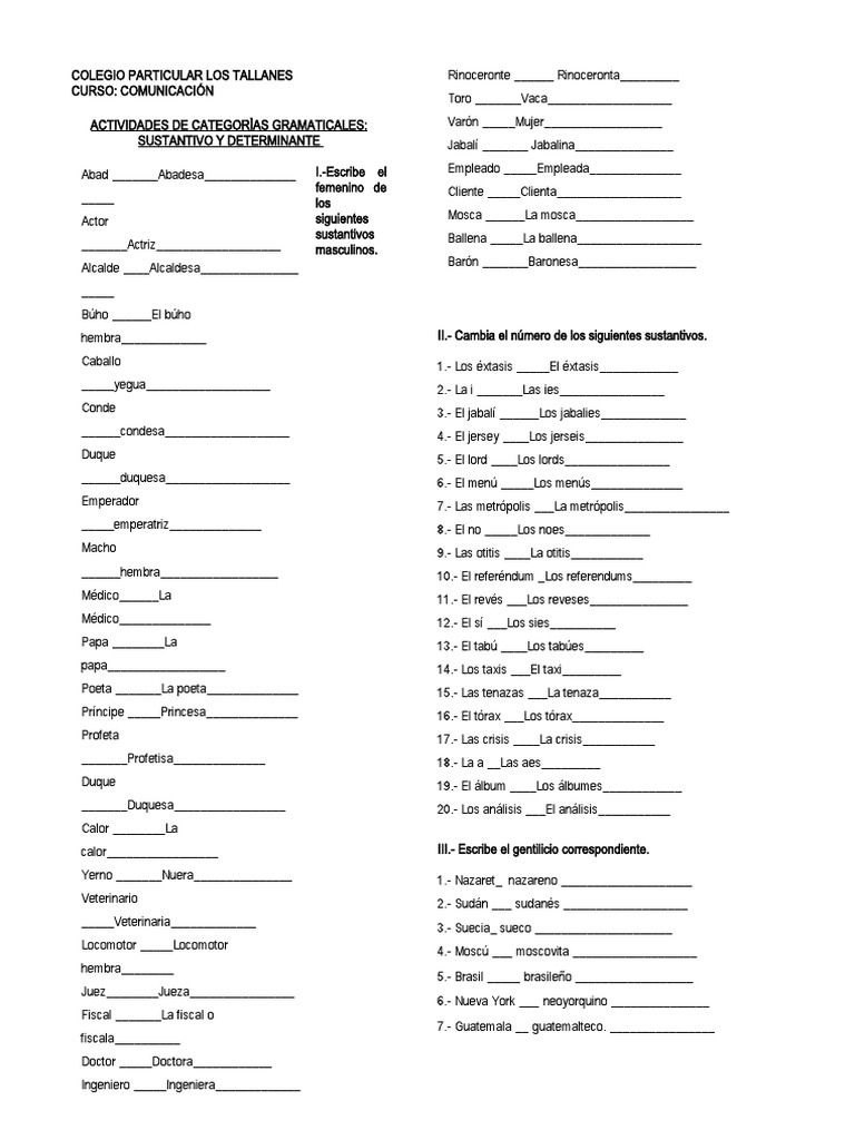 (RESUELTO) Ficha de Ejercicios - El Sustantivo | PDF