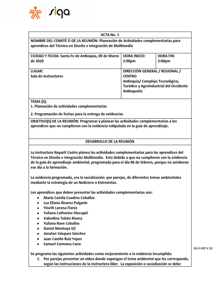 Acta Actividades Complementarias | PDF | Colombia | Naturaleza