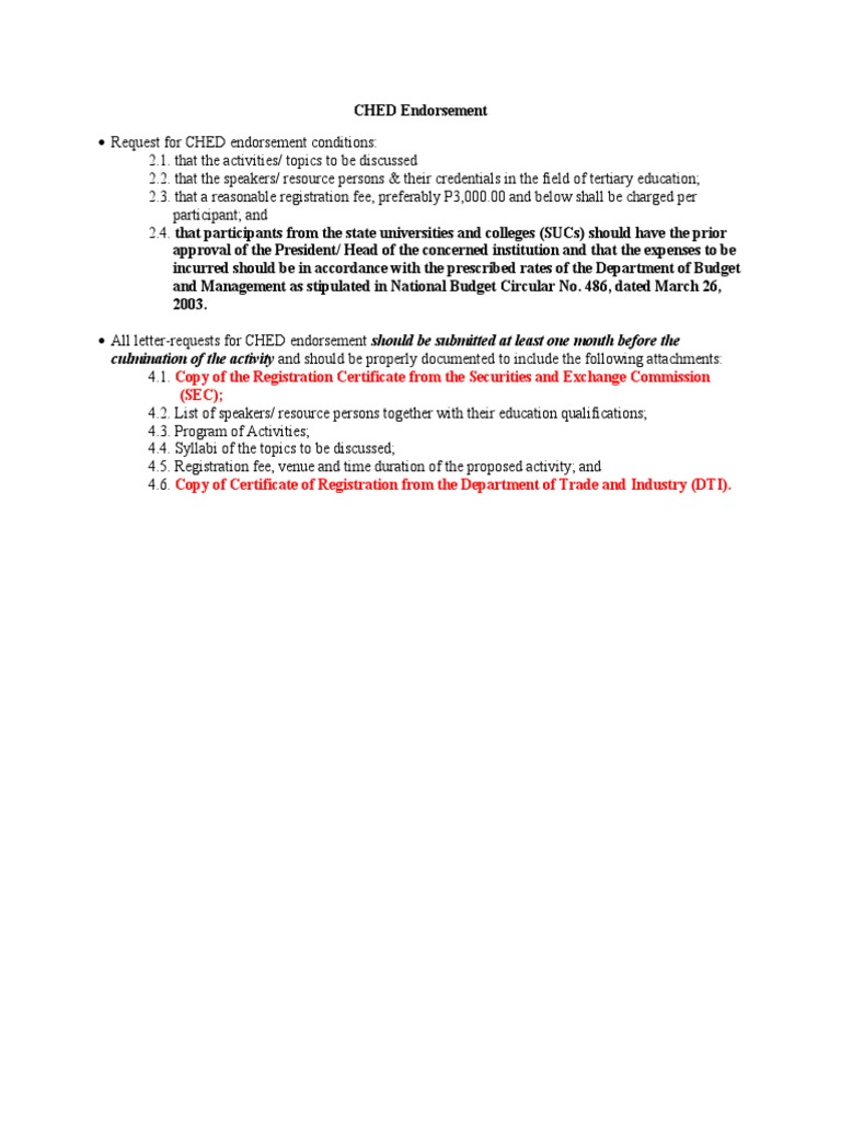 Guidelines and Requirements For CHED Endorsement | PDF