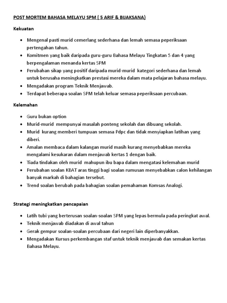 Post Mortem Bahasa Melayu SPM 2019 | PDF